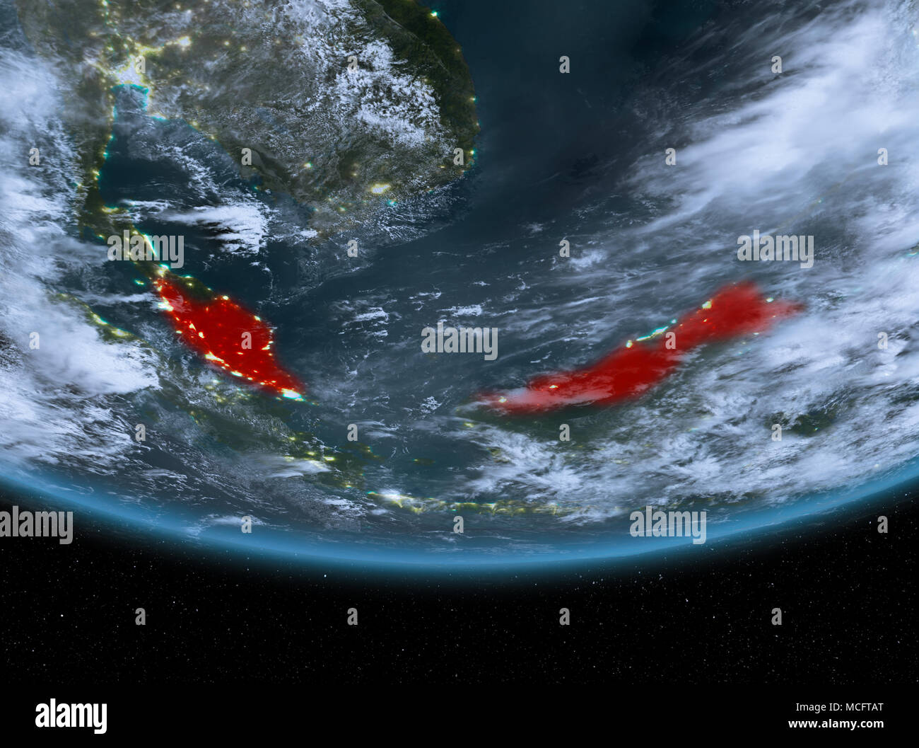 Malaysia at night highlighted in red on planet Earth with clouds. 3D ...