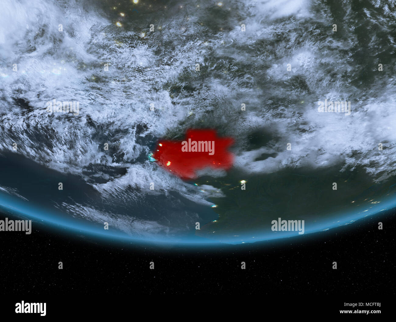 Gabon at night highlighted in red on planet Earth with clouds. 3D ...