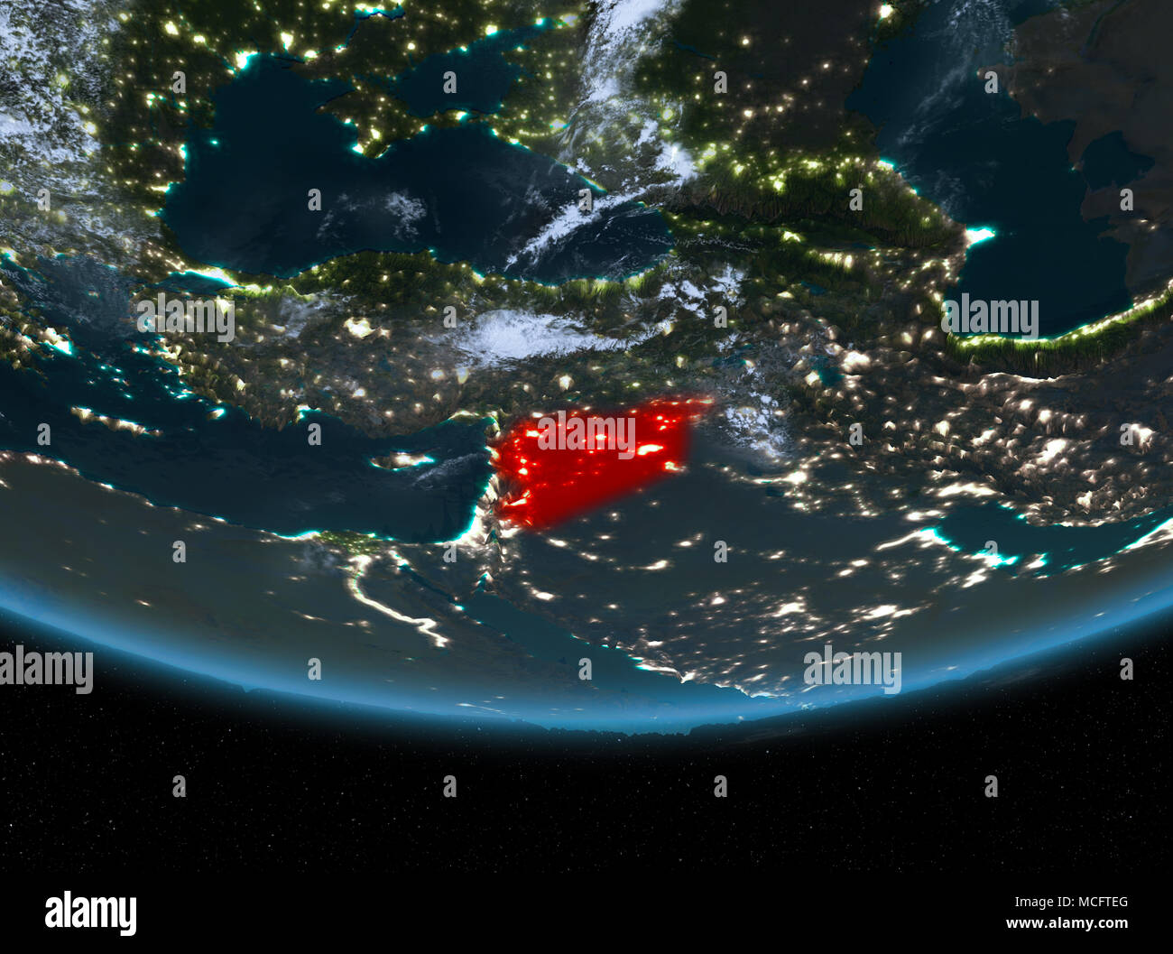Syria at night highlighted in red on planet Earth with clouds. 3D ...