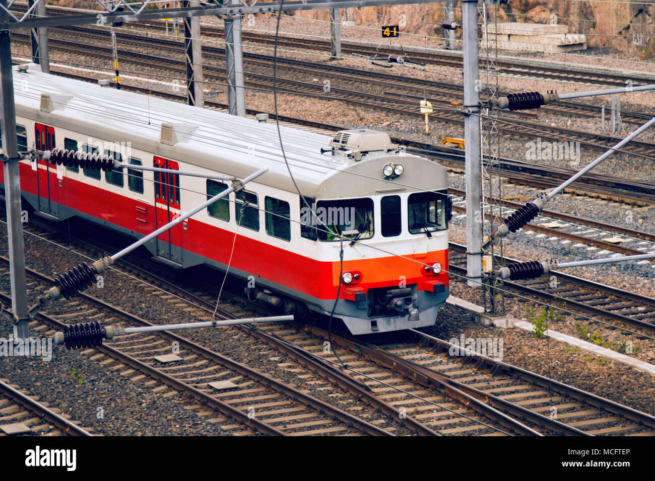 Modern suburban train. traffic of passenger trains in Europe outside ...