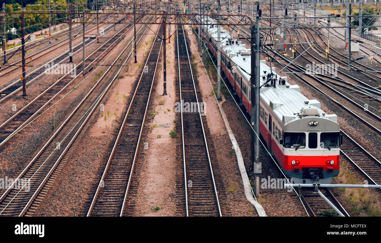 Modern suburban train. traffic of passenger trains in Europe outside ...