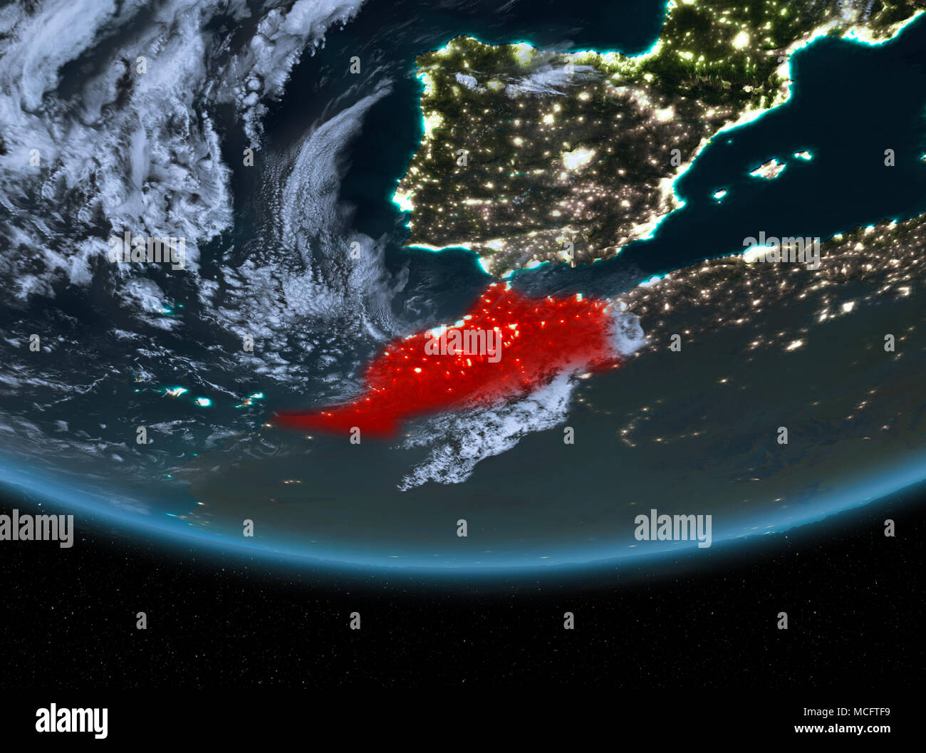 Morocco at night highlighted in red on planet Earth with clouds. 3D ...