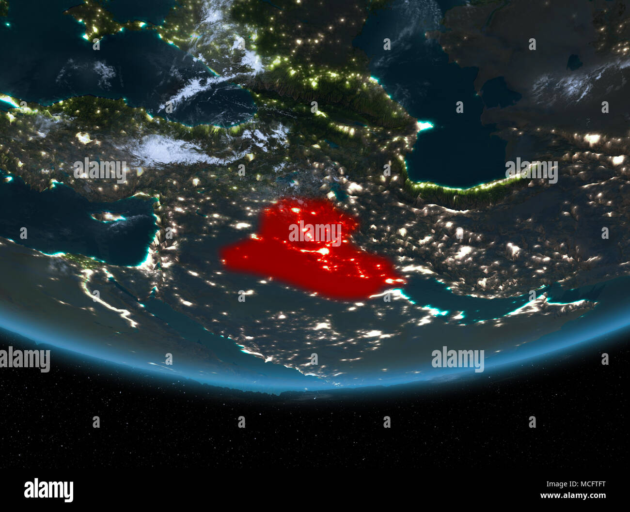 Iraq at night highlighted in red on planet Earth with clouds. 3D ...