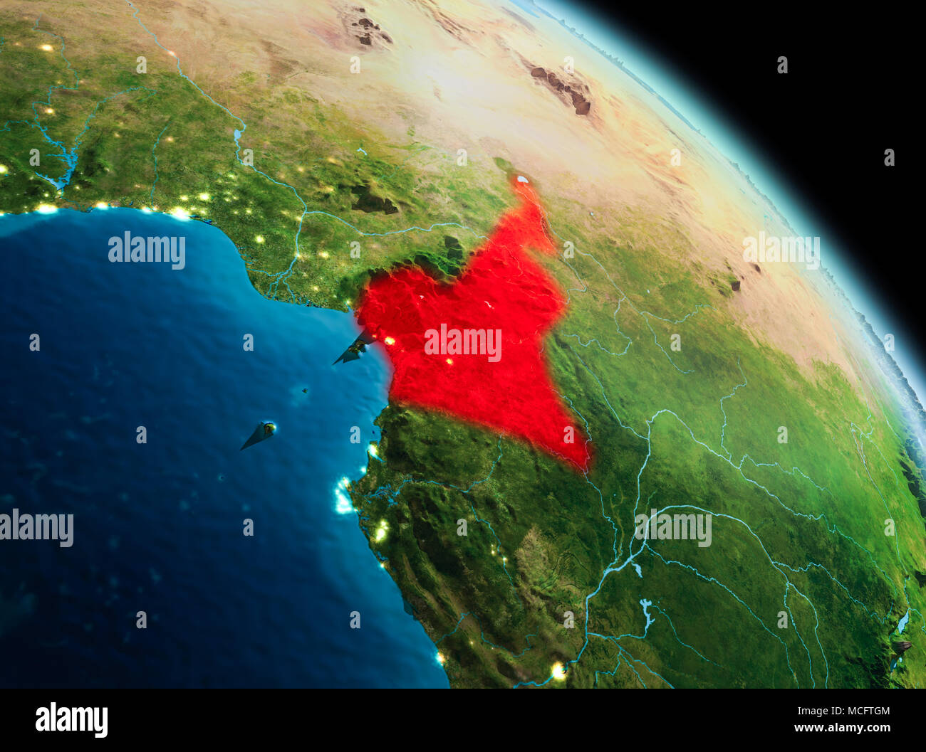 Satellite morning view of Cameroon highlighted in red on planet Earth. 3D illustration. Elements ...