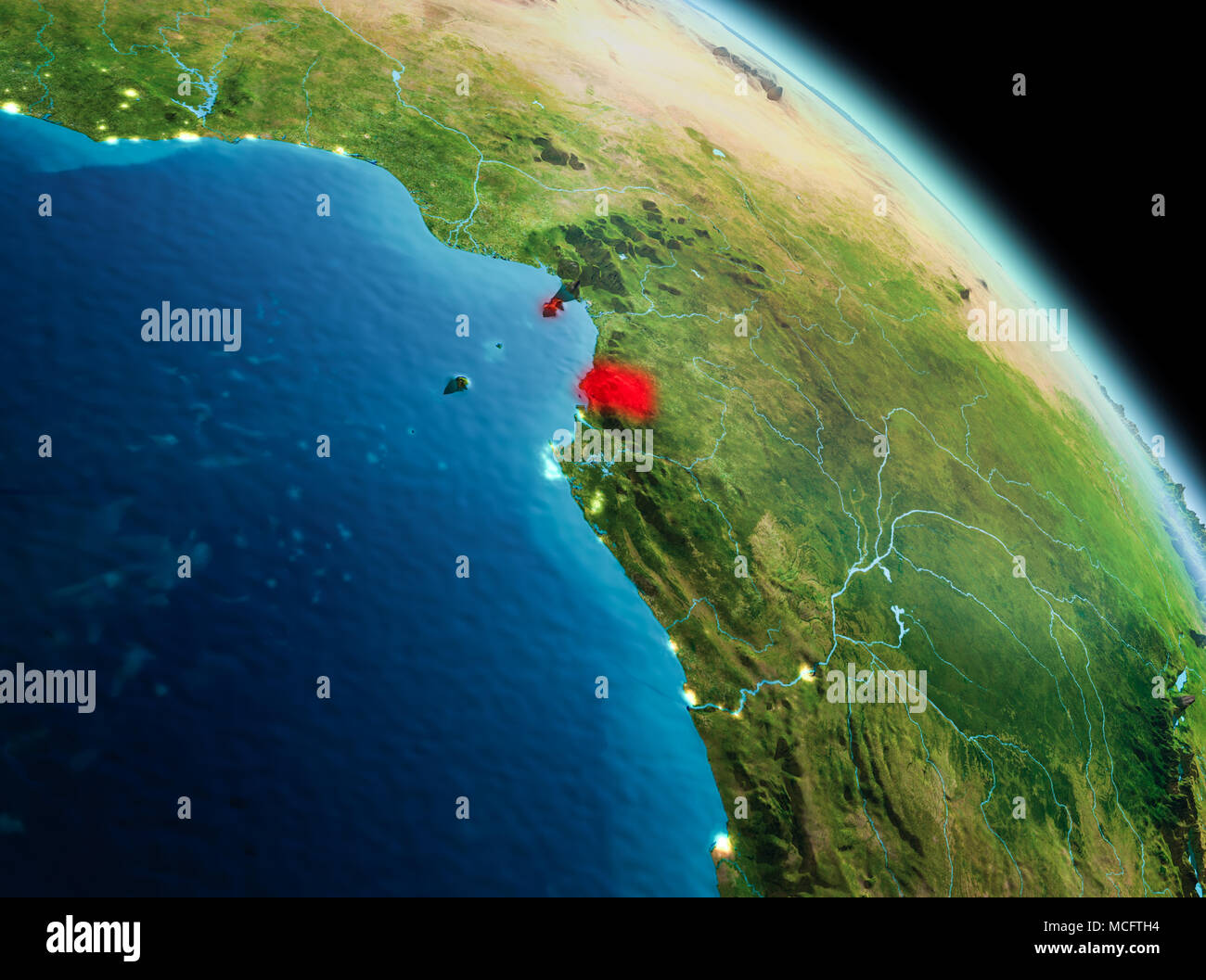 Satellite morning view of Equatorial Guinea highlighted in red on planet Earth. 3D illustration ...