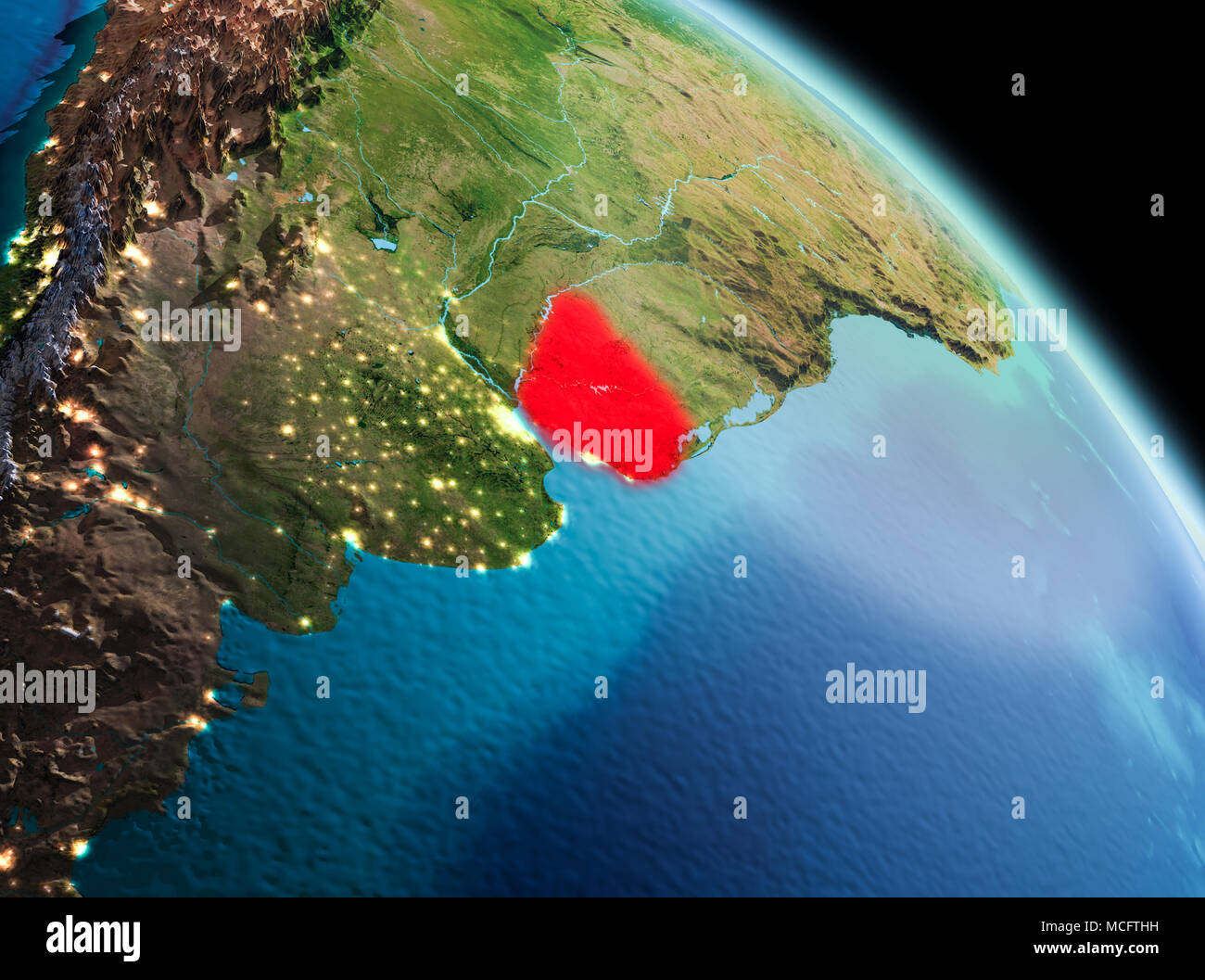 Satellite morning view of Uruguay highlighted in red on planet Earth. 3D illustration. Elements ...