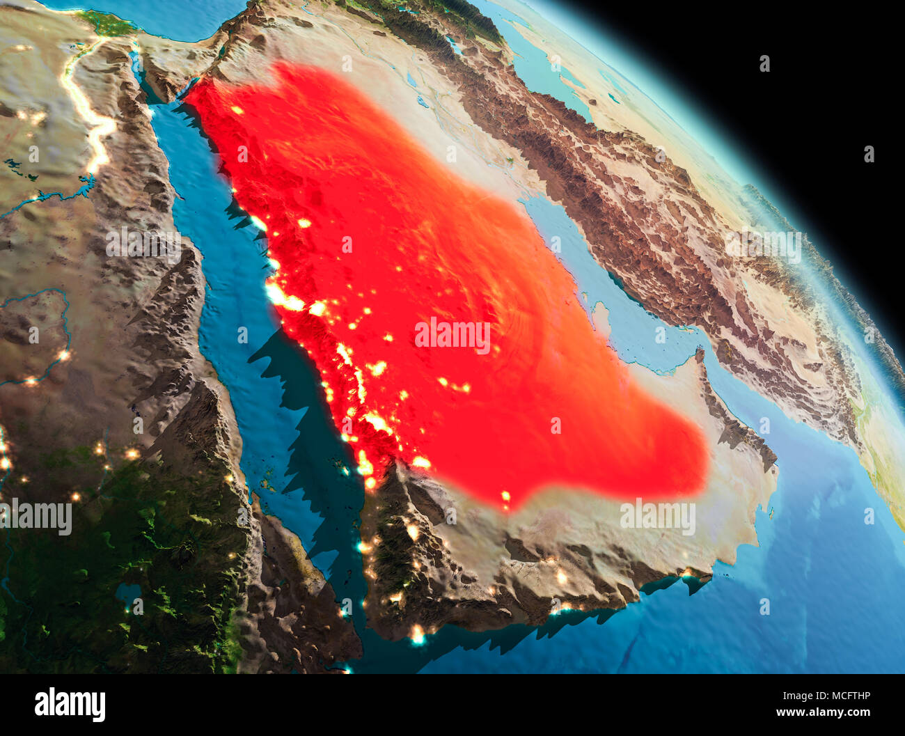 Satellite morning view of Saudi Arabia highlighted in red on planet ...