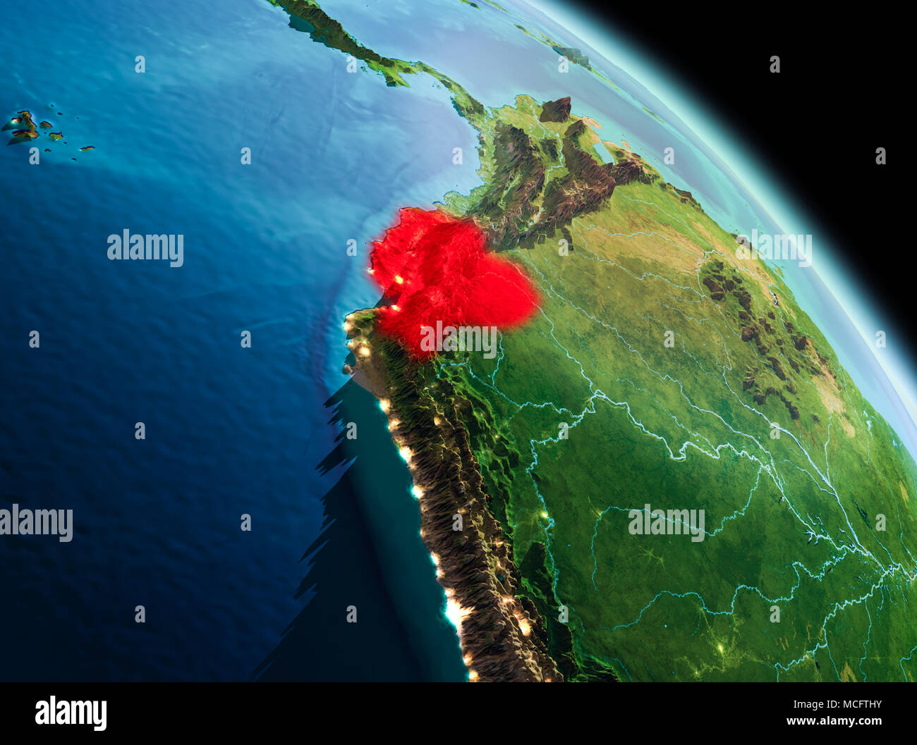 Satellite morning view of Ecuador highlighted in red on planet Earth. 3D illustration. Elements ...