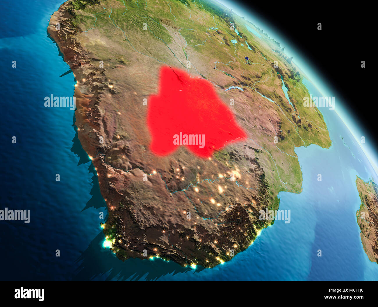 Satellite morning view of Botswana highlighted in red on planet Earth. 3D illustration. Elements ...