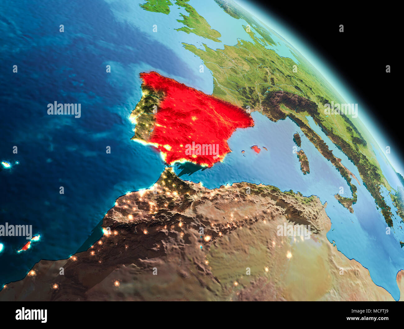 Satellite morning view of Spain highlighted in red on planet Earth. 3D ...