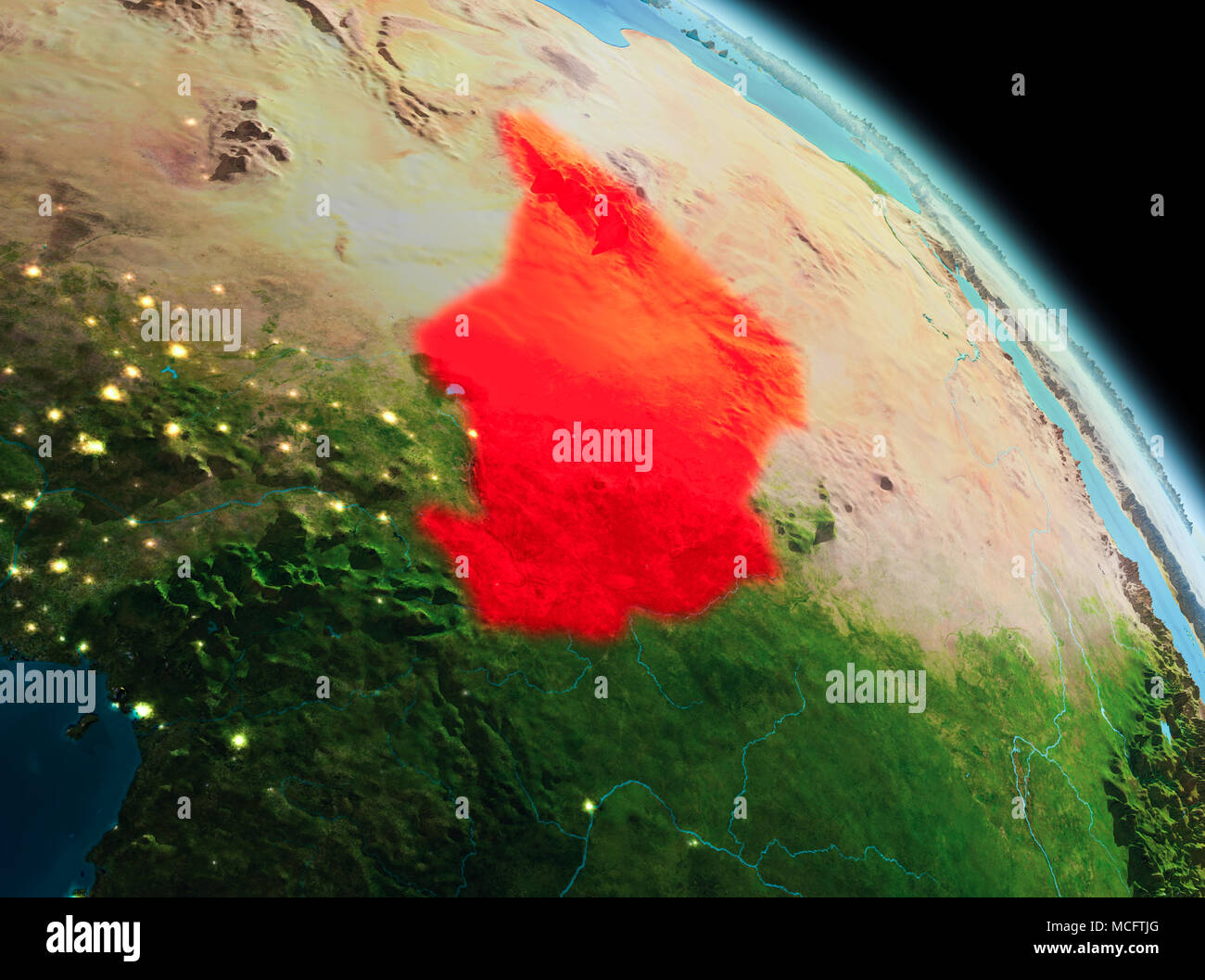Satellite morning view of Chad highlighted in red on planet Earth. 3D illustration. Elements of ...
