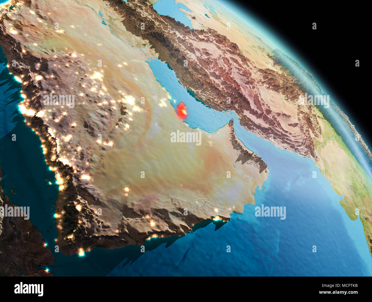 Satellite morning view of Qatar highlighted in red on planet Earth. 3D ...
