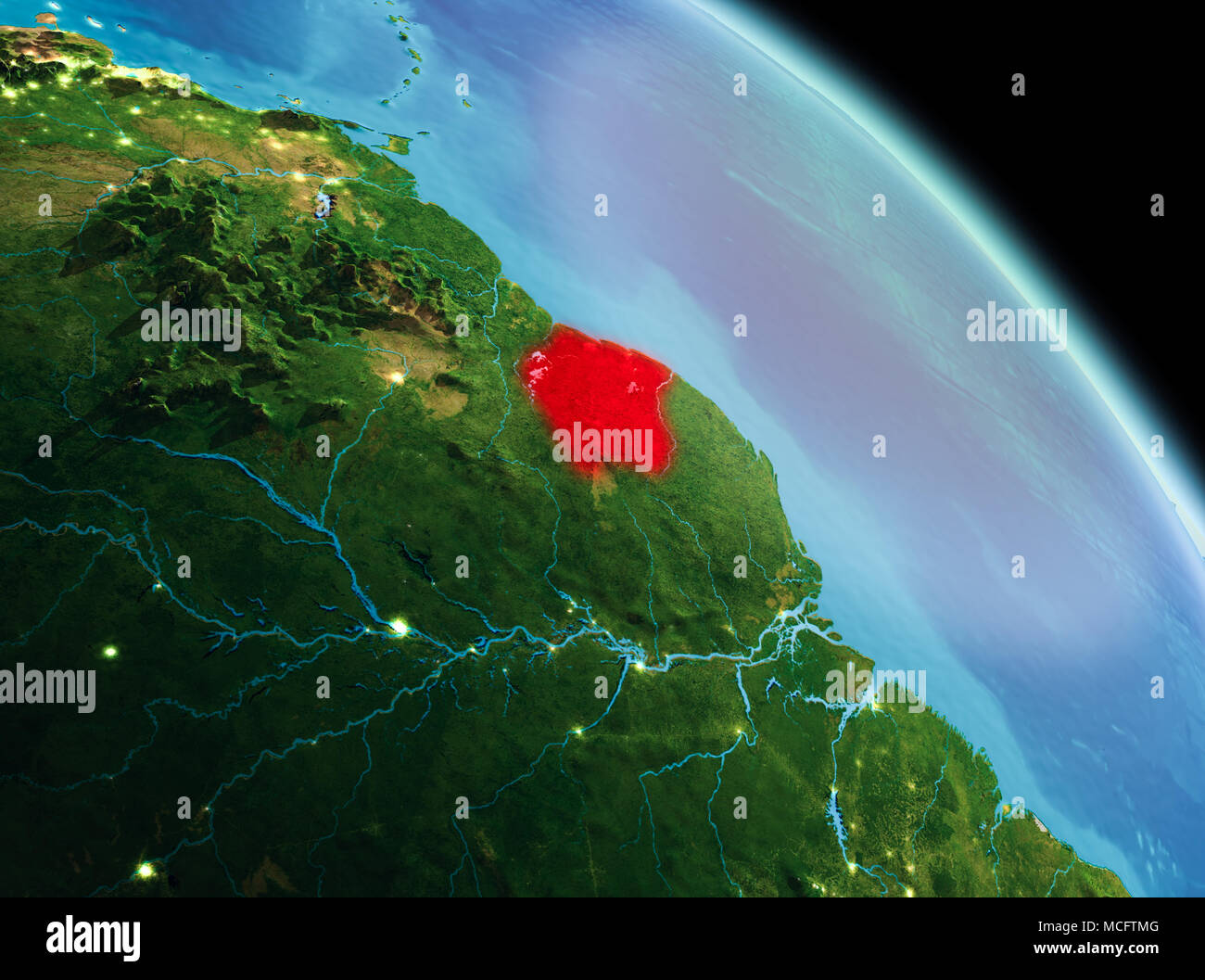 Satellite morning view of Suriname highlighted in red on planet Earth ...