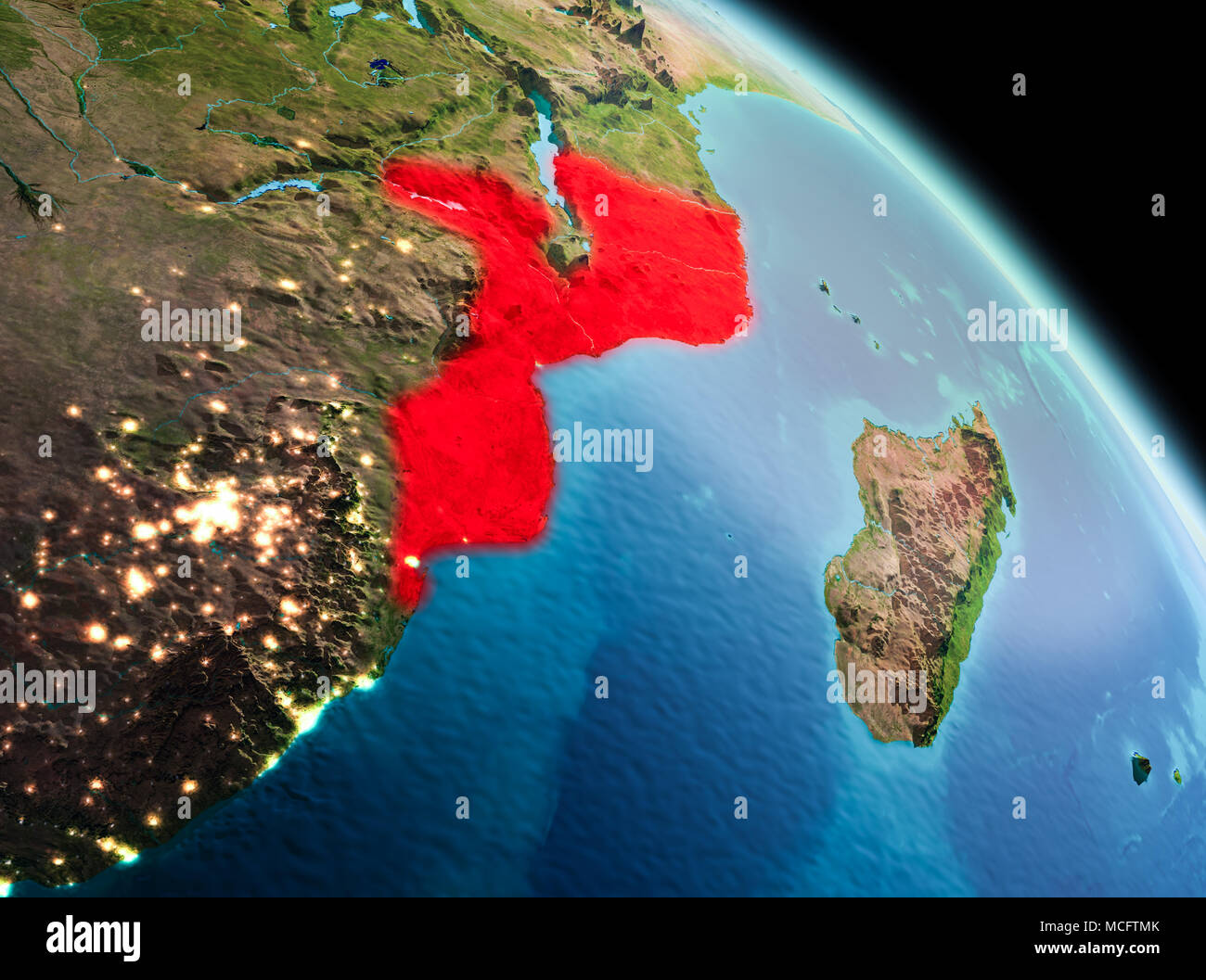 Satellite morning view of Mozambique highlighted in red on planet Earth. 3D illustration ...