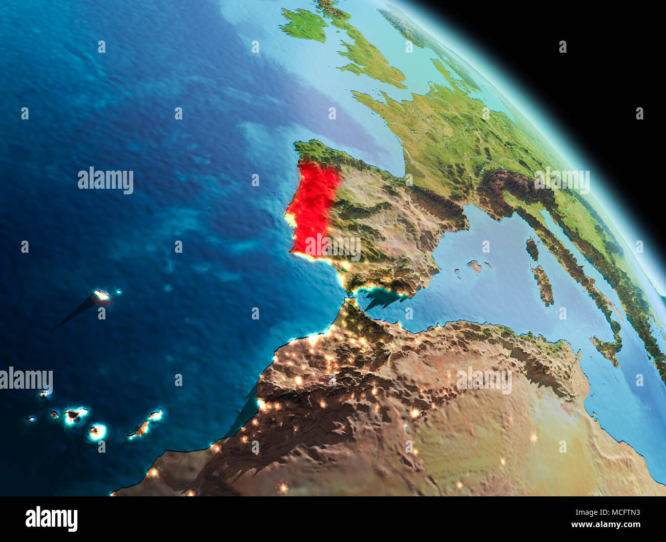 Satellite morning view of Portugal highlighted in red on planet Earth ...