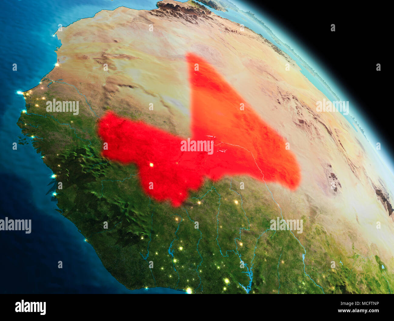 Satellite morning view of Mali highlighted in red on planet Earth. 3D illustration. Elements of ...