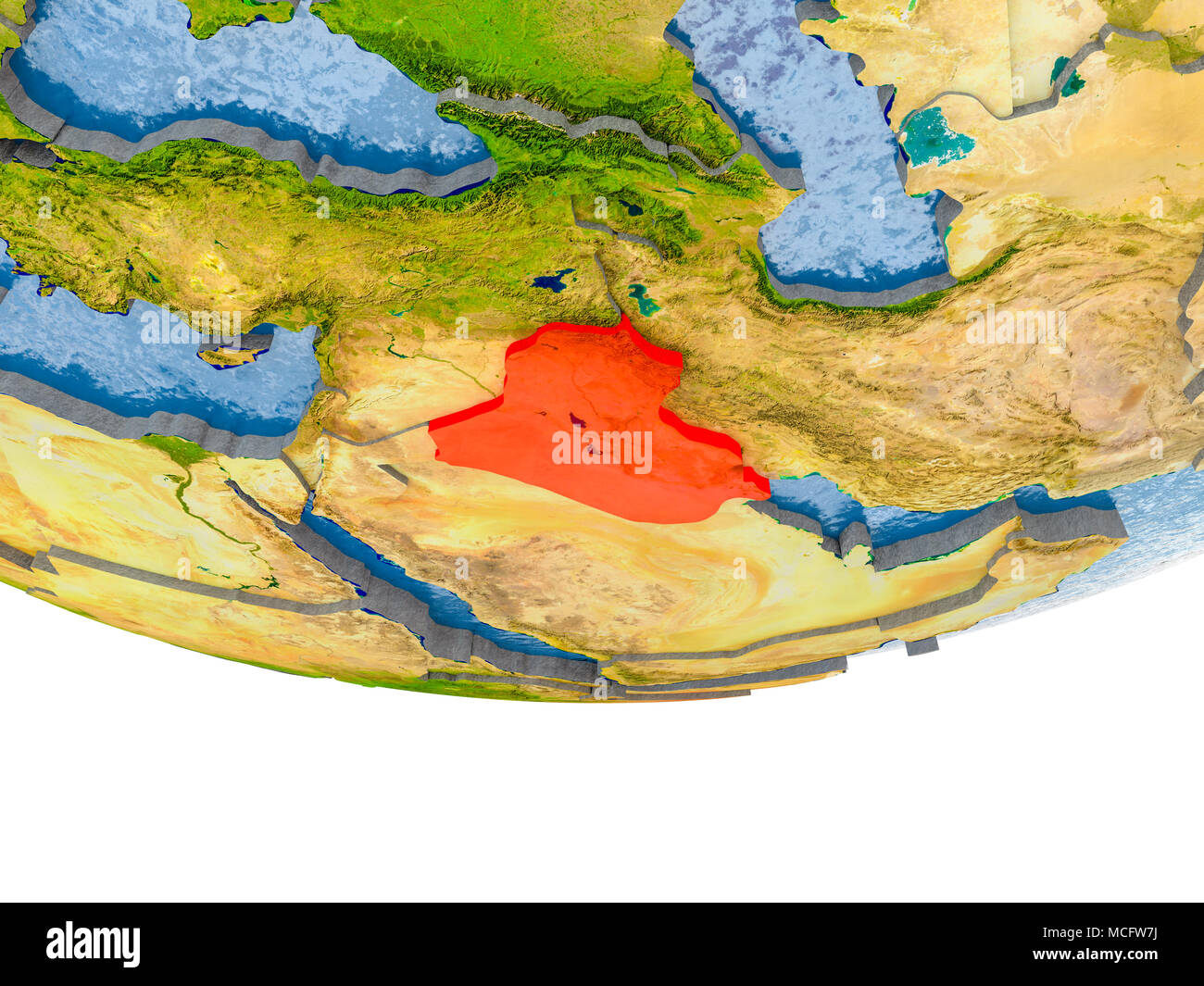 Iraq on 3D model of globe with real land surface, visible country ...