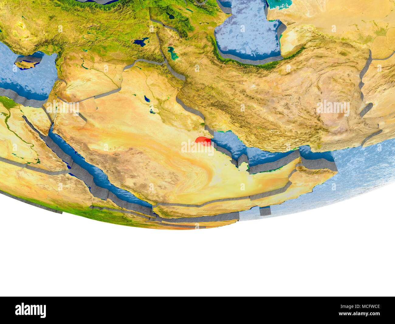 Kuwait on 3D model of globe with real land surface, visible country ...