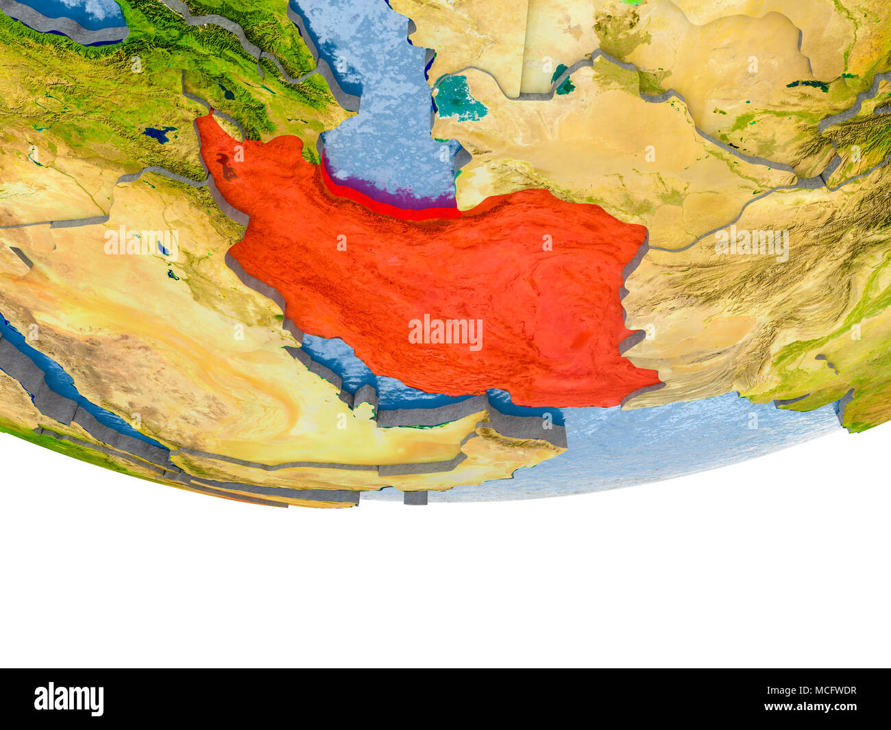 Iran on 3D model of globe with real land surface, visible country ...