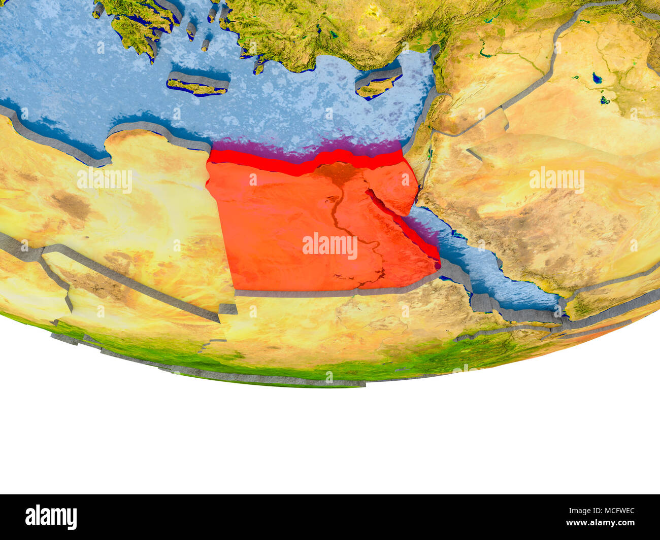 Egypt on 3D model of globe with real land surface, visible country ...