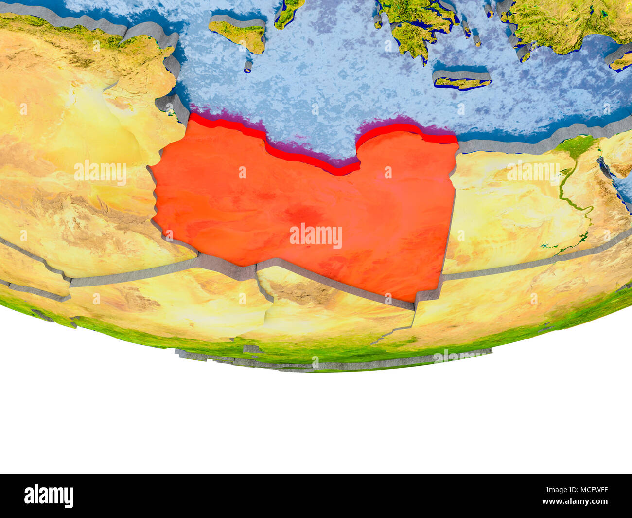 Libya on 3D model of globe with real land surface, visible country ...