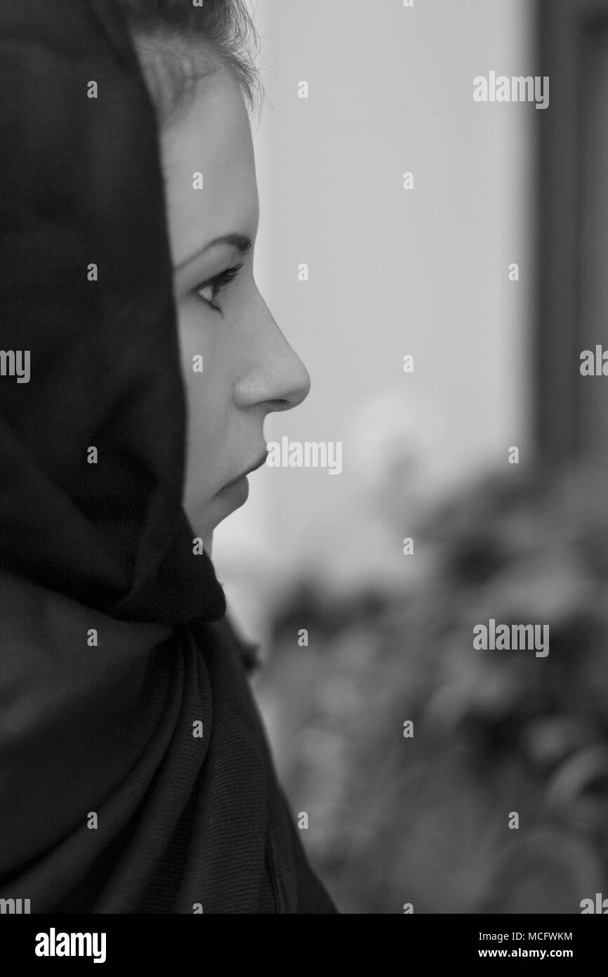 monochrome closeup portrait of inconsolable widow Stock Photo - Alamy