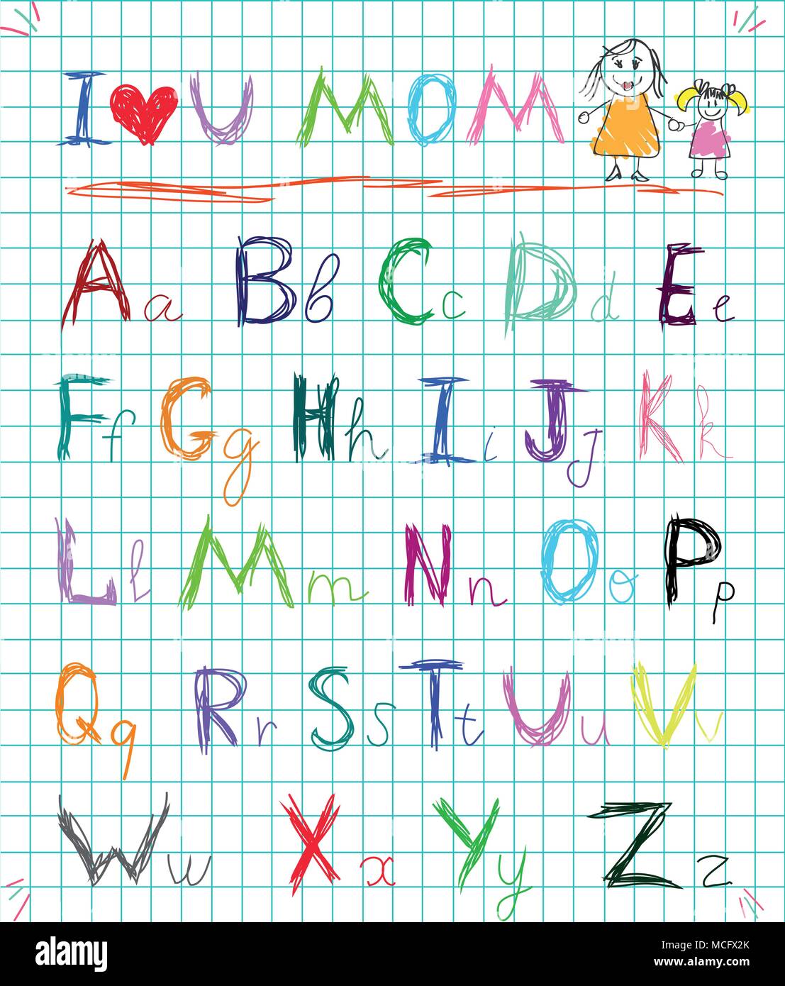 Multicolored baby sketch hand drawn doodle alphabet letters on squared ...