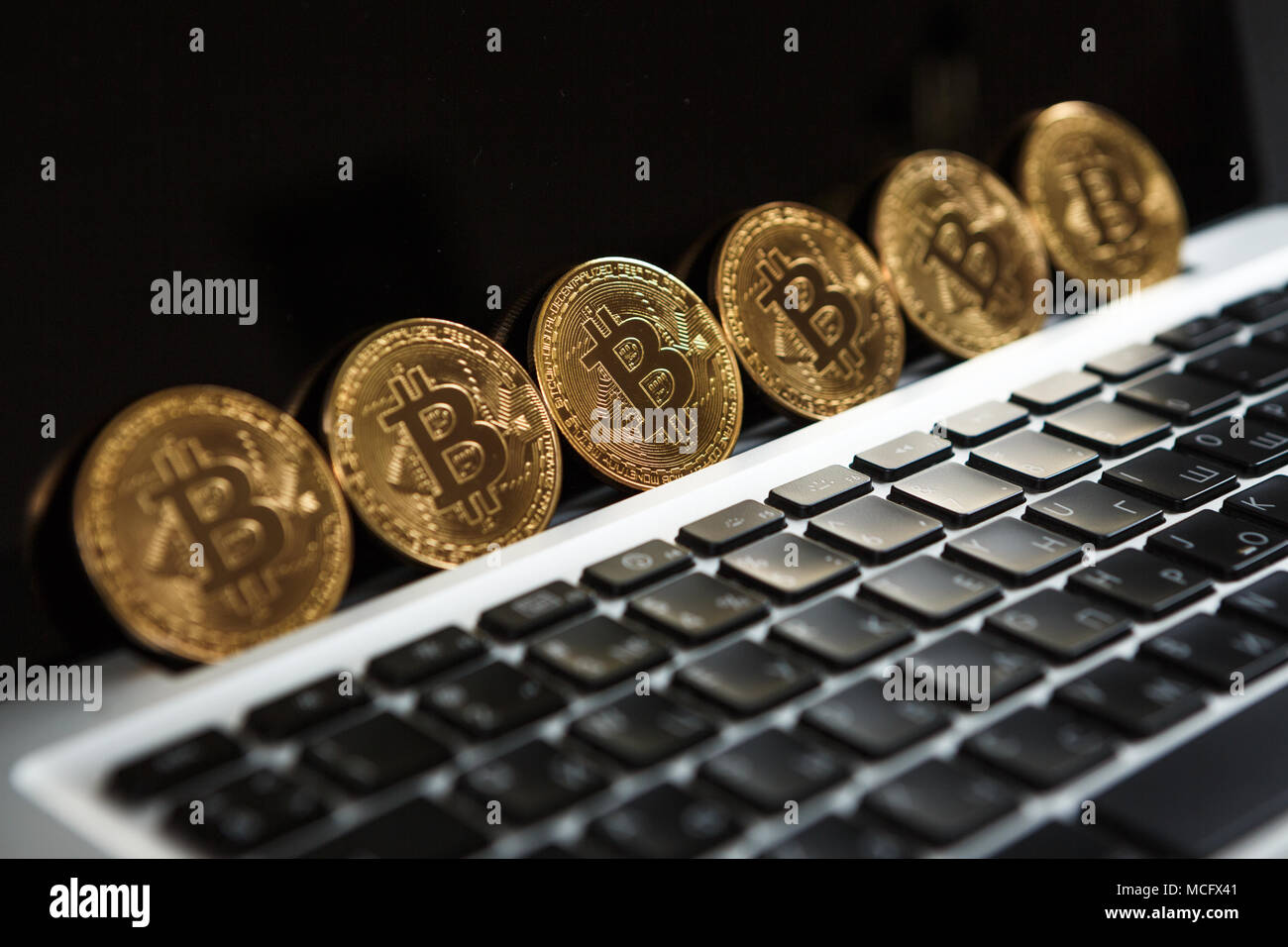 Bitcoin coin symbol on laptop future concept financial currency crypto ...