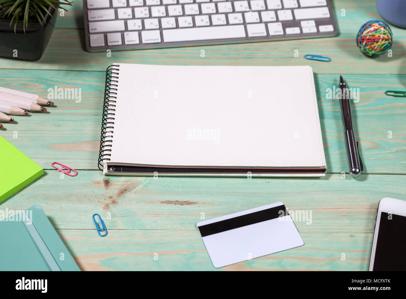 Office desk table with laptop, pen and notebook. Top view with copy ...