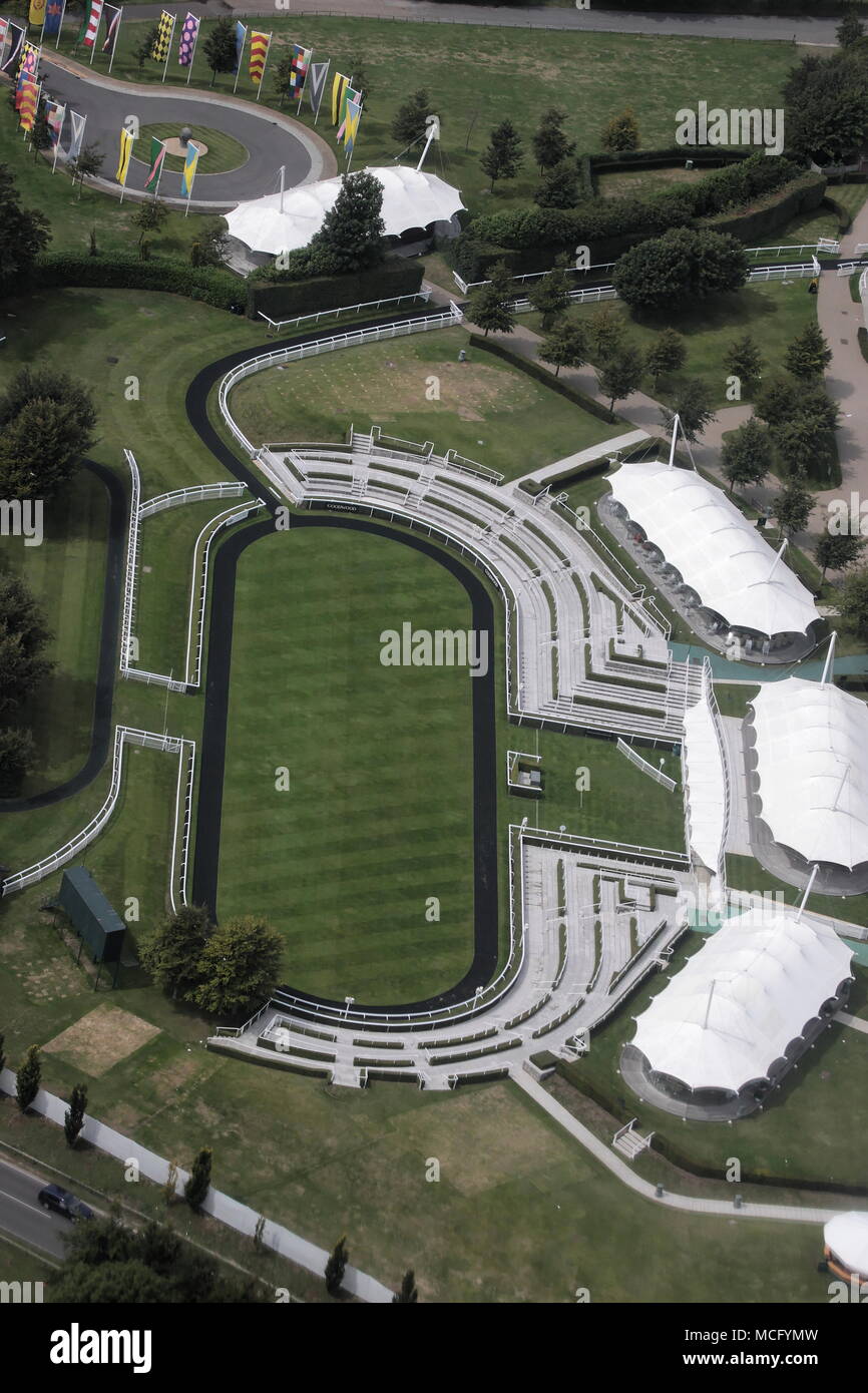 Aerial view of the horses parade at Goodwood Racecourse Southdowns ...