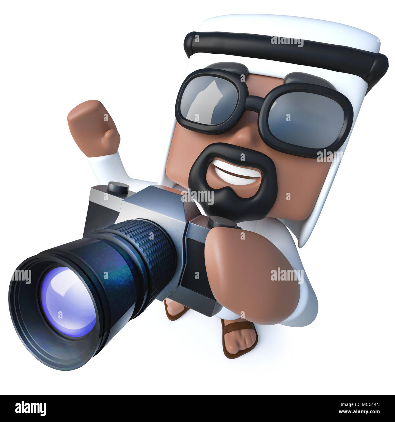 3d render of a funny cartoon Arab sheik character taking a photo with a ...