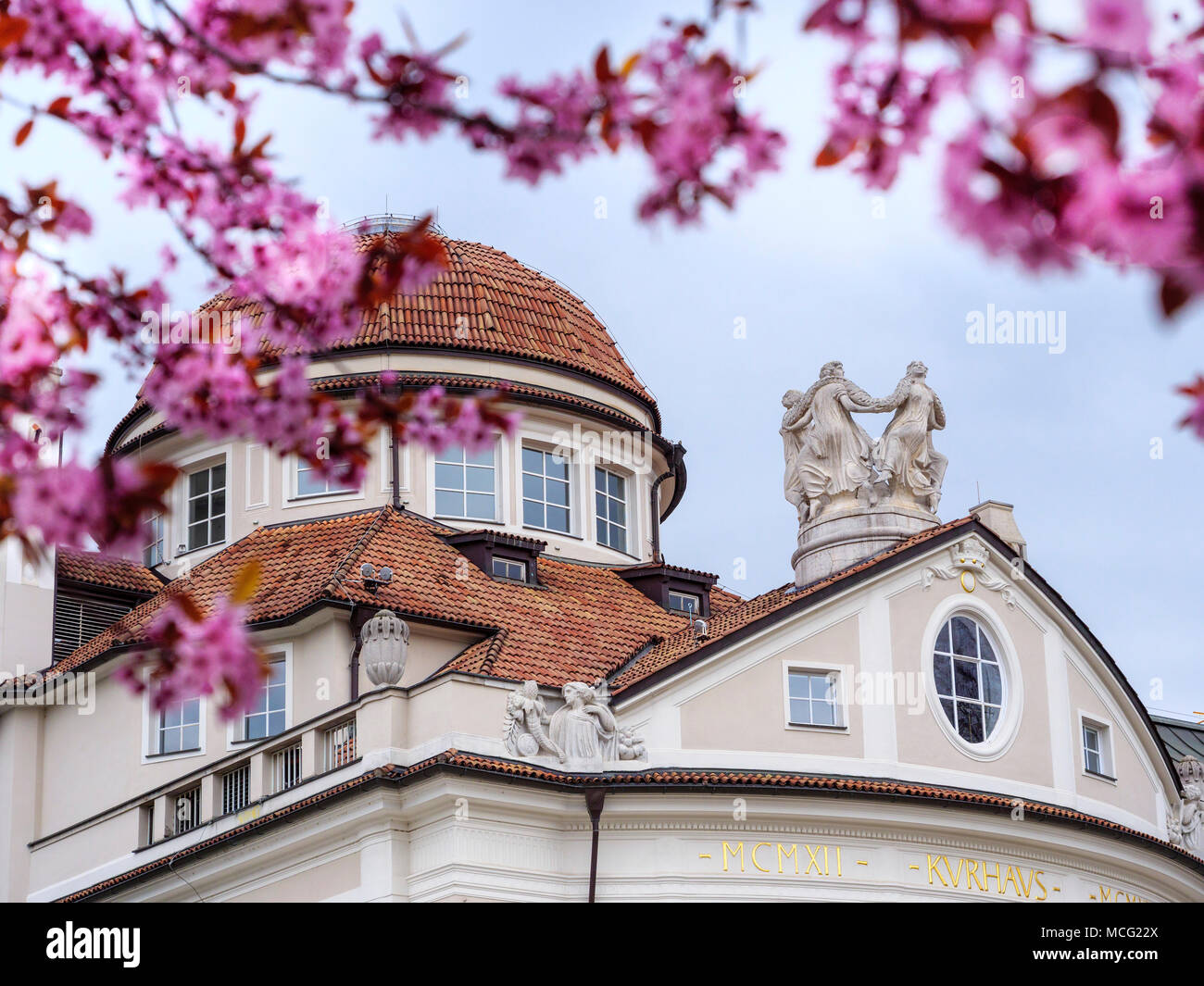 Cherry blossom and spa building, Meran-Merano, province Bozen-South ...