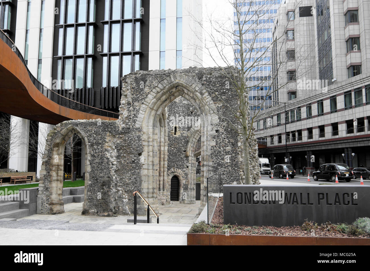 St Alphage Church, high walk and gardens at the London Wall Place ...