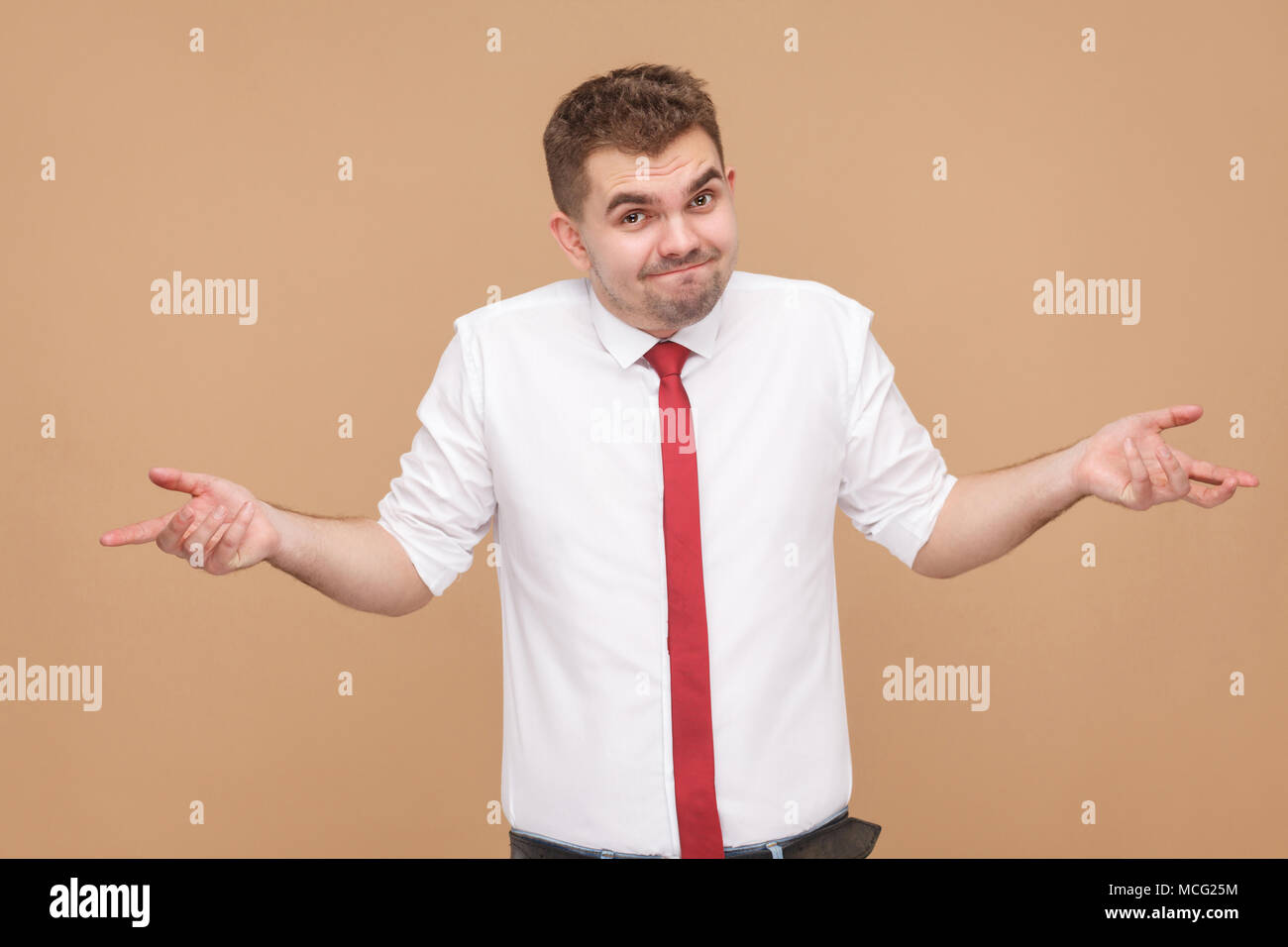 Businessman say i don't know. Business people concept, good and bad ...