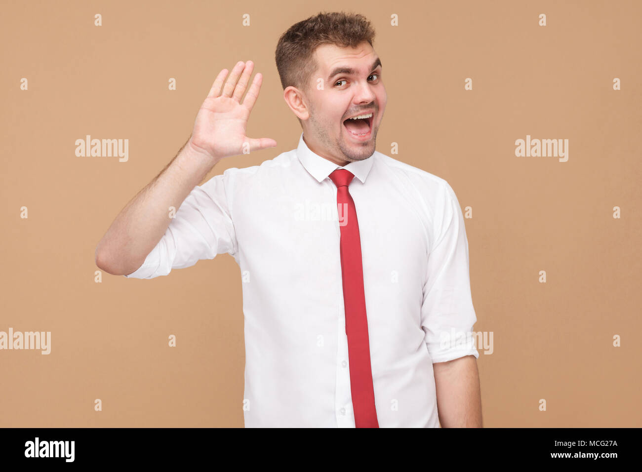 Happy businessman showing hi, hello sign. Business people concept, good ...