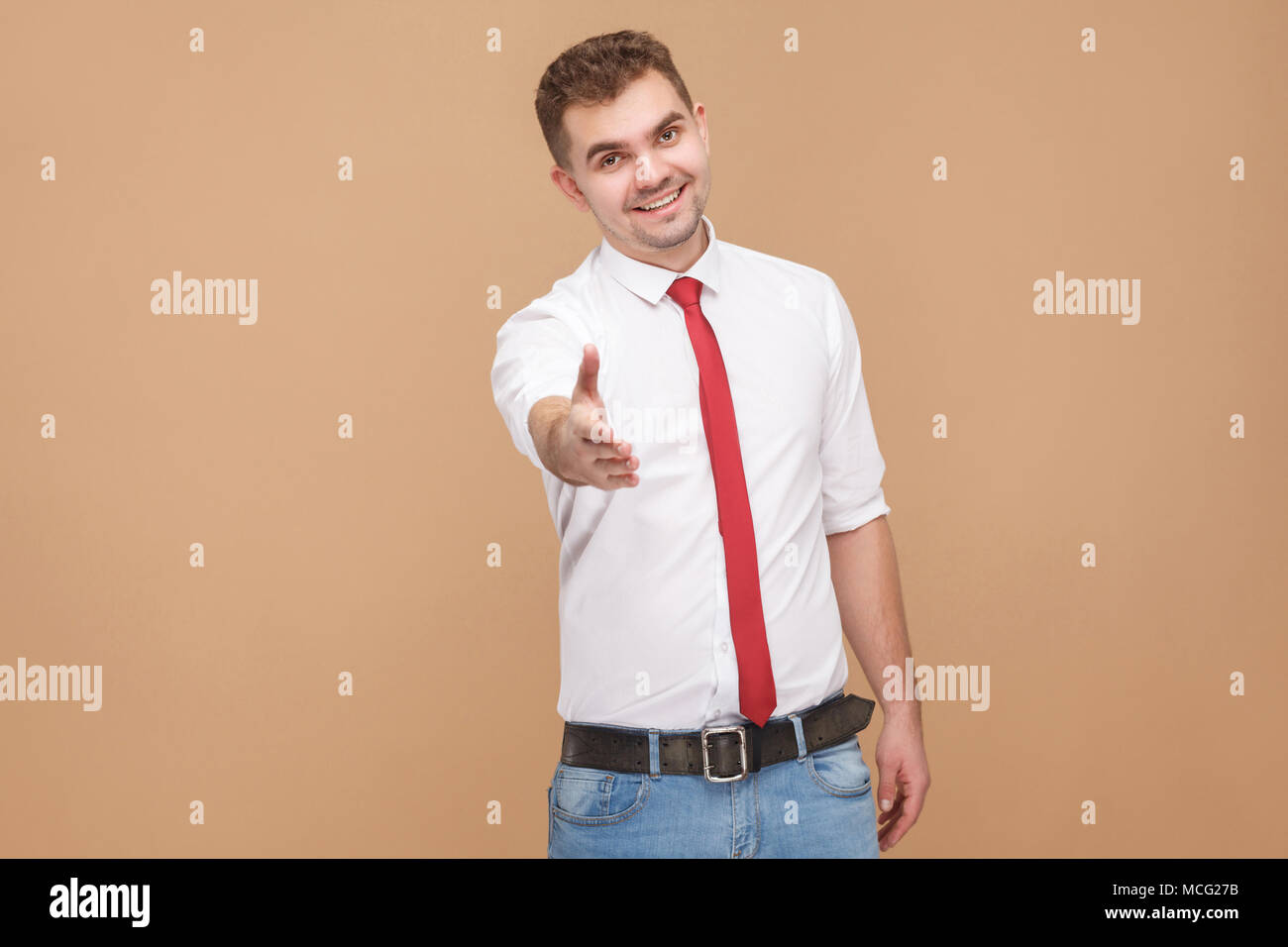 Perfect businessman showing hi, hello sign and welcome new job ...