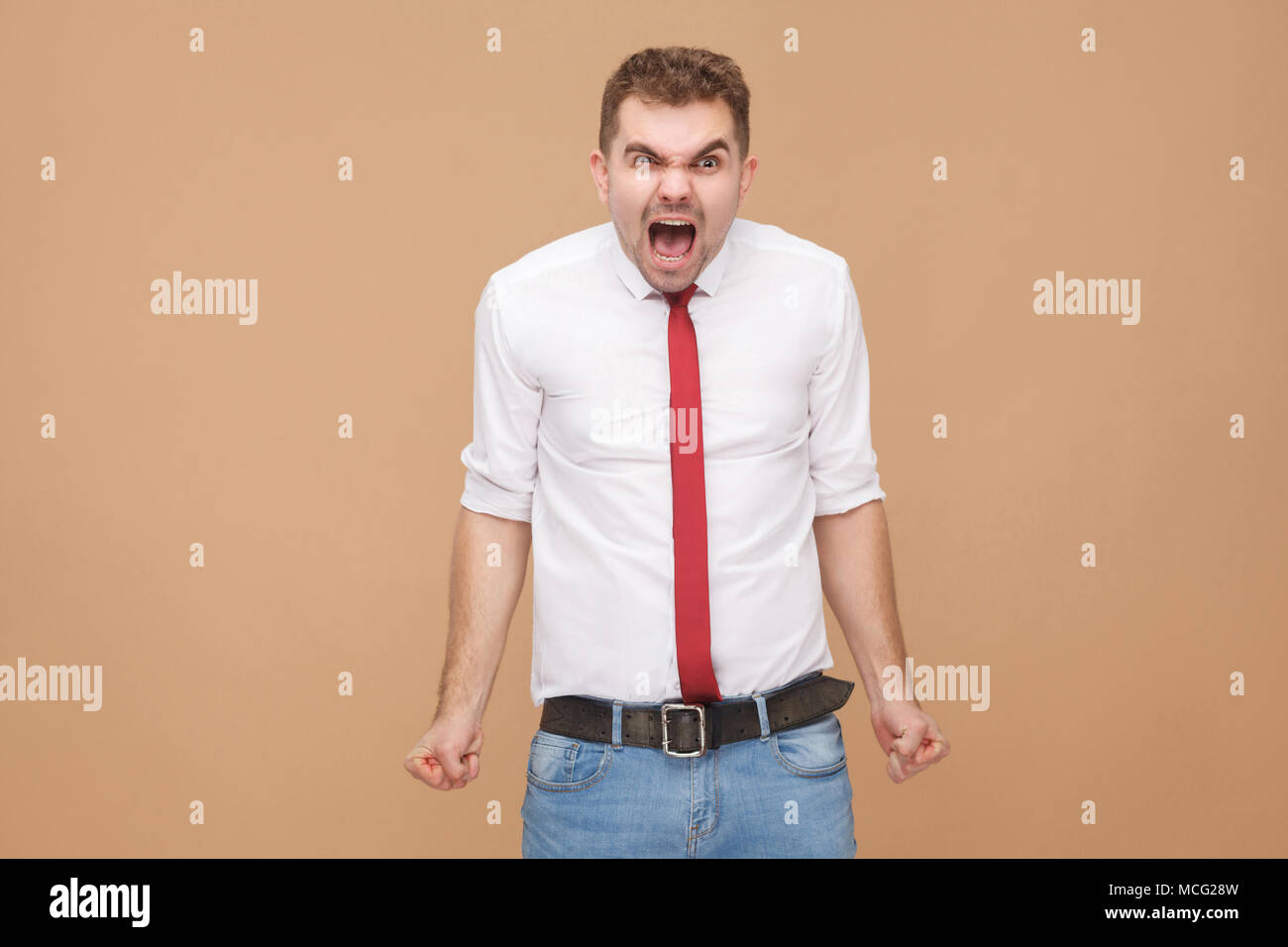 Rage feel. Businessman shout. Business people concept, good and bad ...