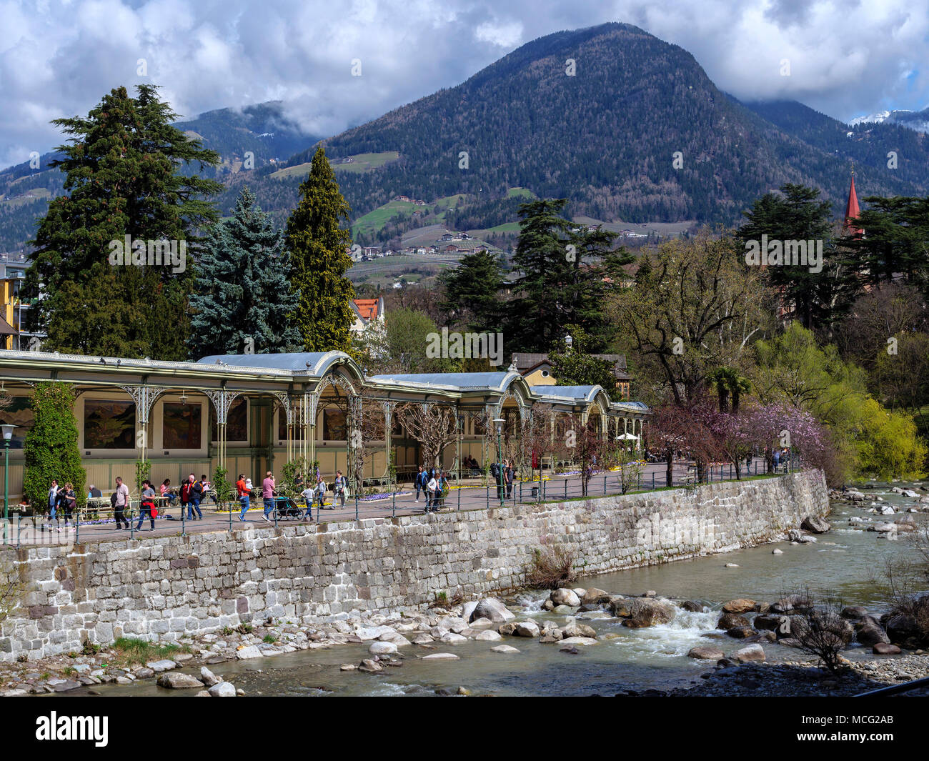 river passer and collonade at winter promenade, Meran-Merano, province ...