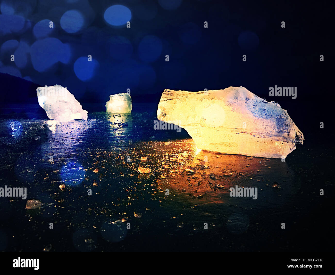 Abstract effect. Ice shard and cracked ice texture on melring glacier ...