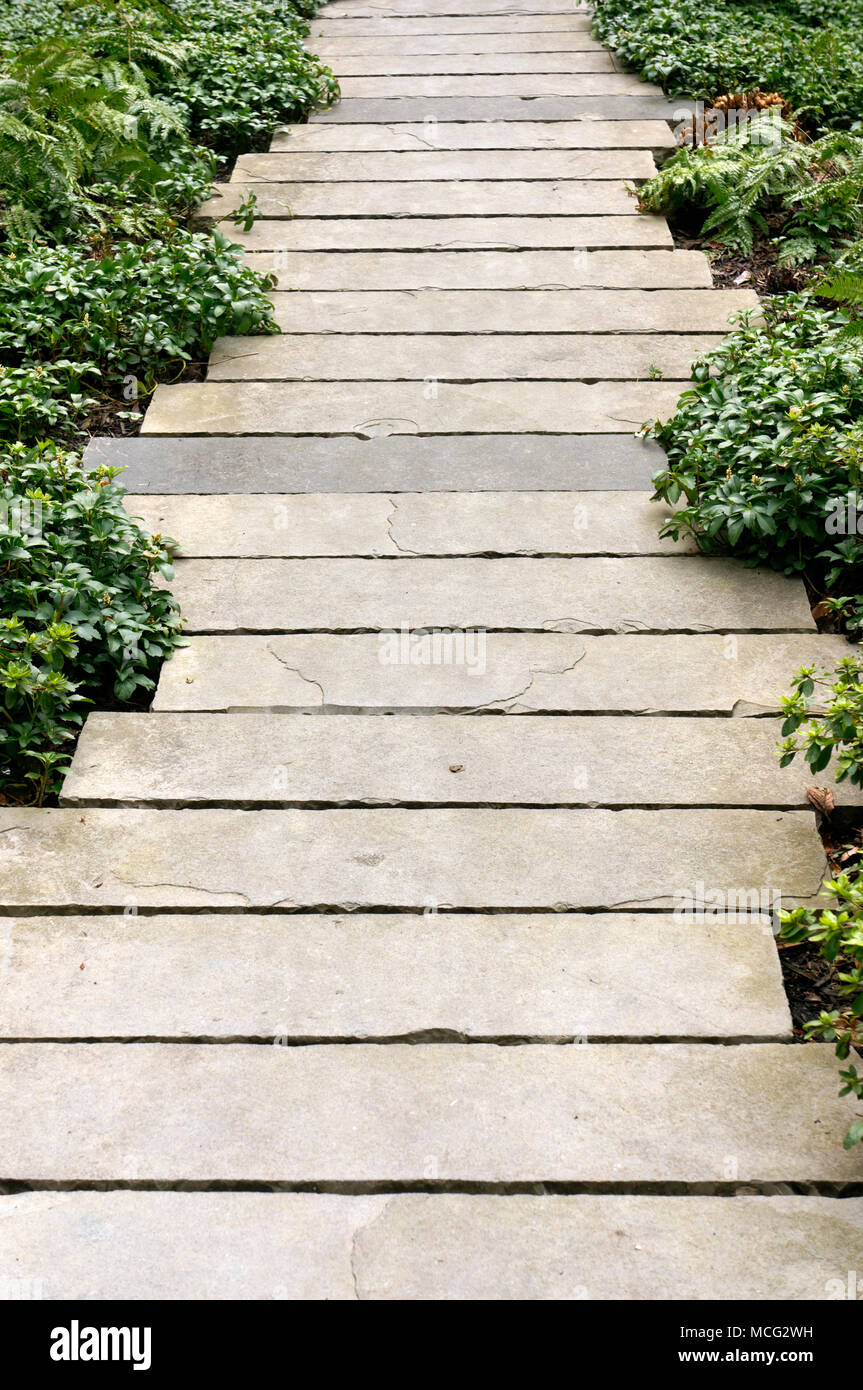 Garden path made of rectangular staggered cement slats Stock Photo - Alamy