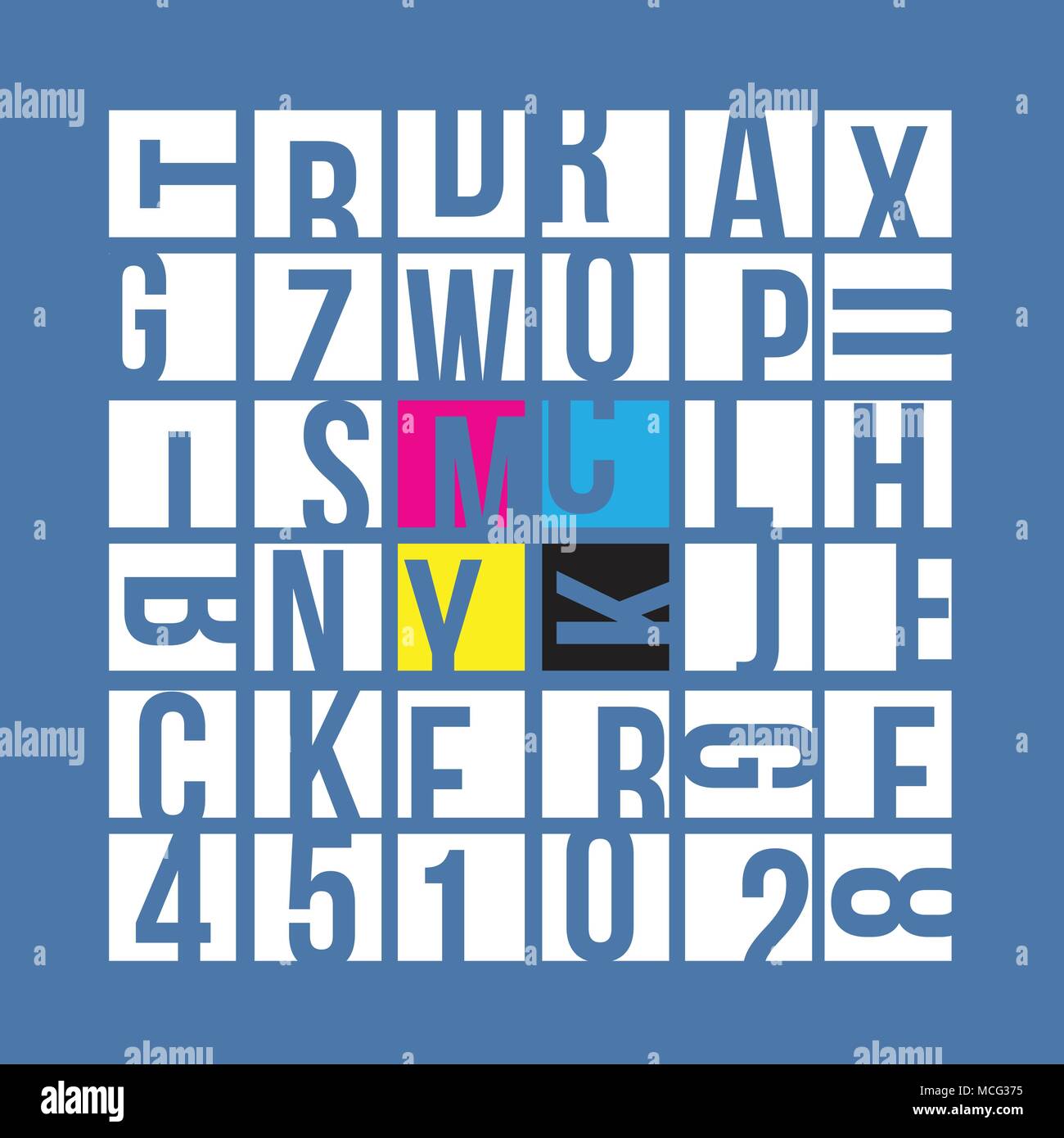 CMYK typography concept, multiple white boxes with English letters ...