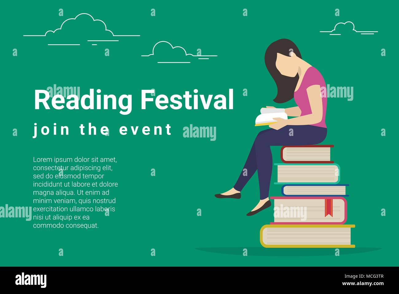 Reading festival concept vector illustration of young woman sitting in ...