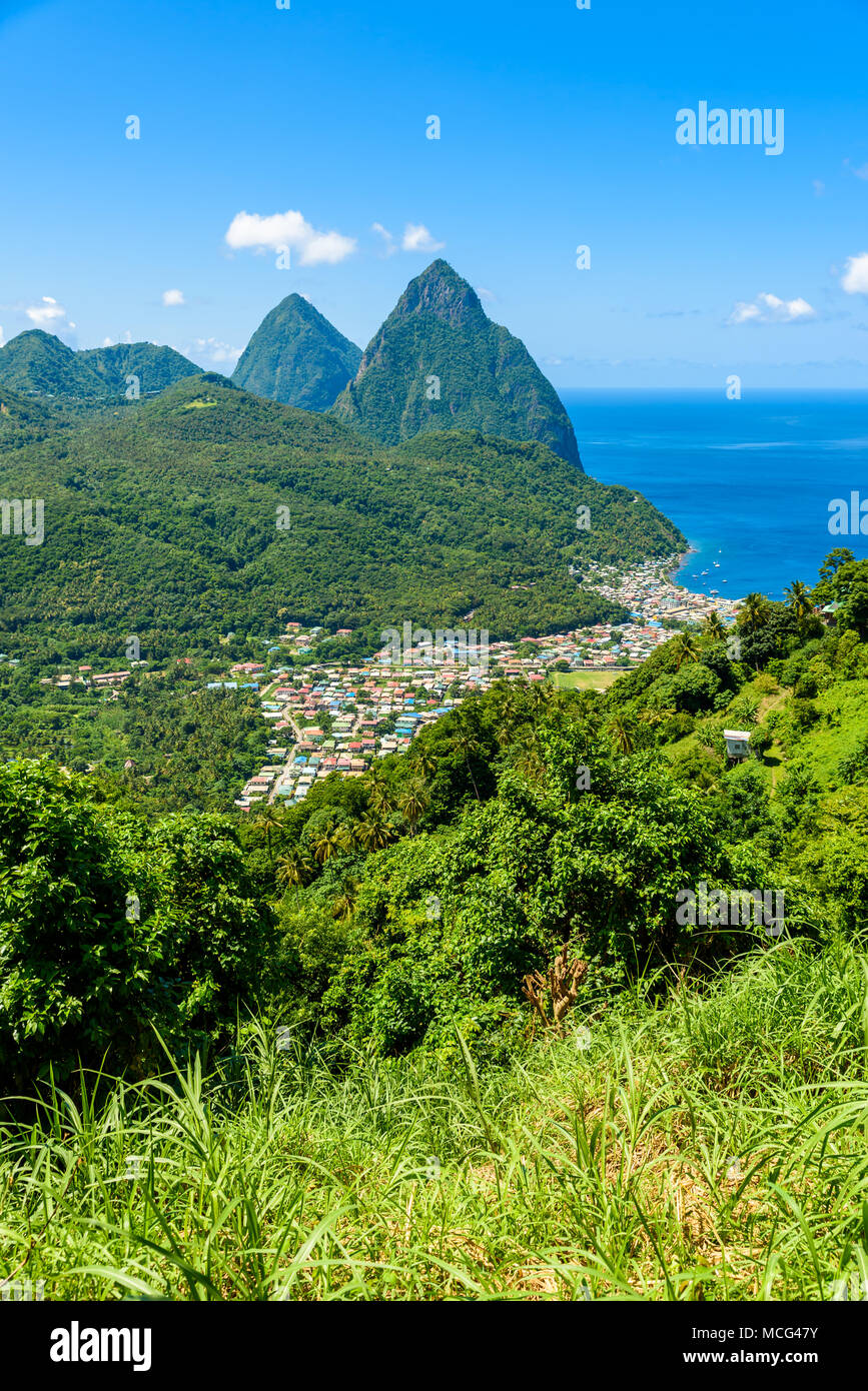 Gros and Petit Pitons near village Soufriere on Caribbean island St ...