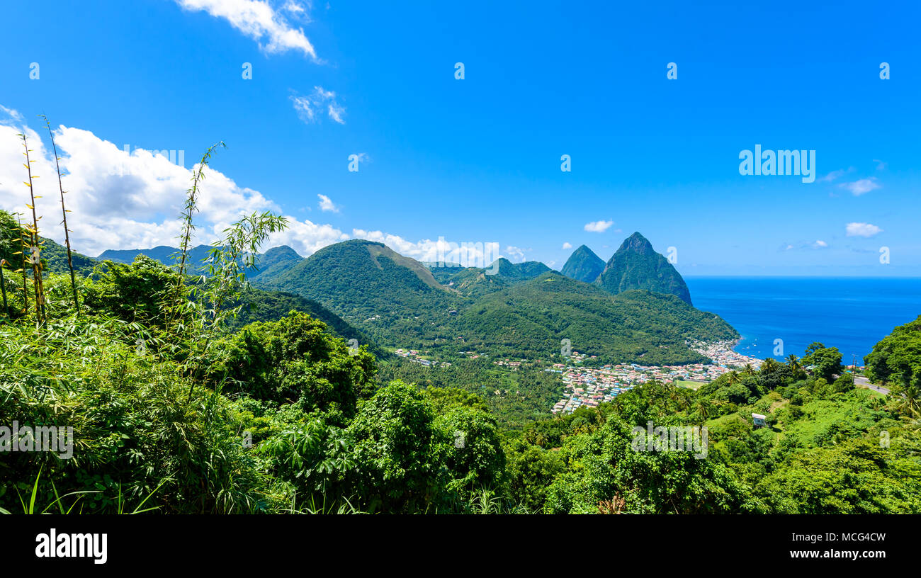 Gros and Petit Pitons near village Soufriere on Caribbean island St ...