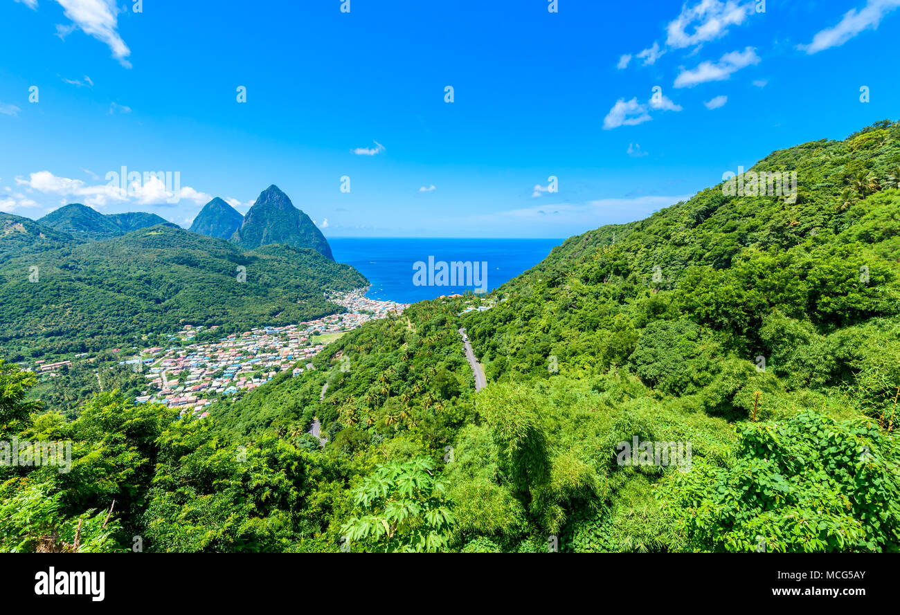 Gros and Petit Pitons near village Soufriere on Caribbean island St ...