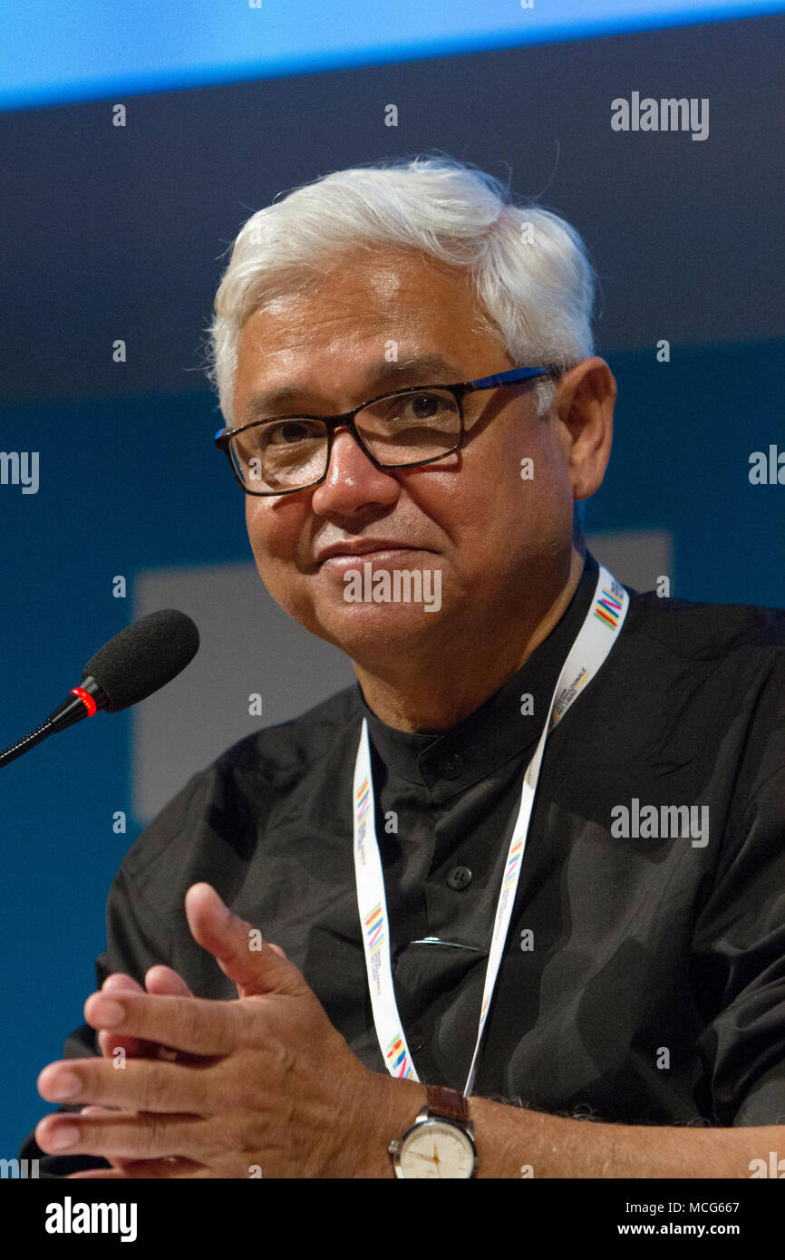 Indian writer Amitav Ghosh during a conference at 2017 Turin Book Fair ...