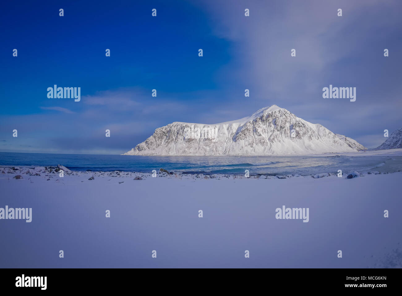 Norwegian winter sunny mountain landscape blue sky view with mountains ...