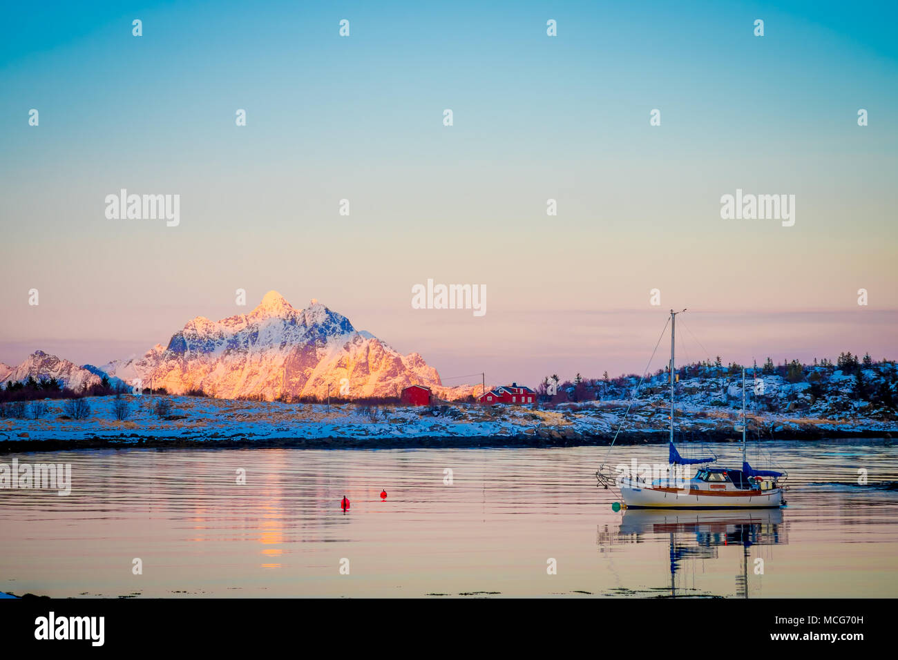 SVOLVAER, LOFOTEN ISLANDS, NORWAY - APRIL 10, 2018: Outdoor view with a ...