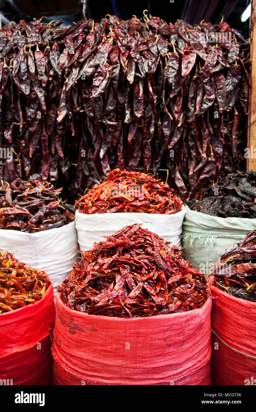 Bags of dried chiles for sale in a market in Oaxaca Oaxaca City, Mexico ...