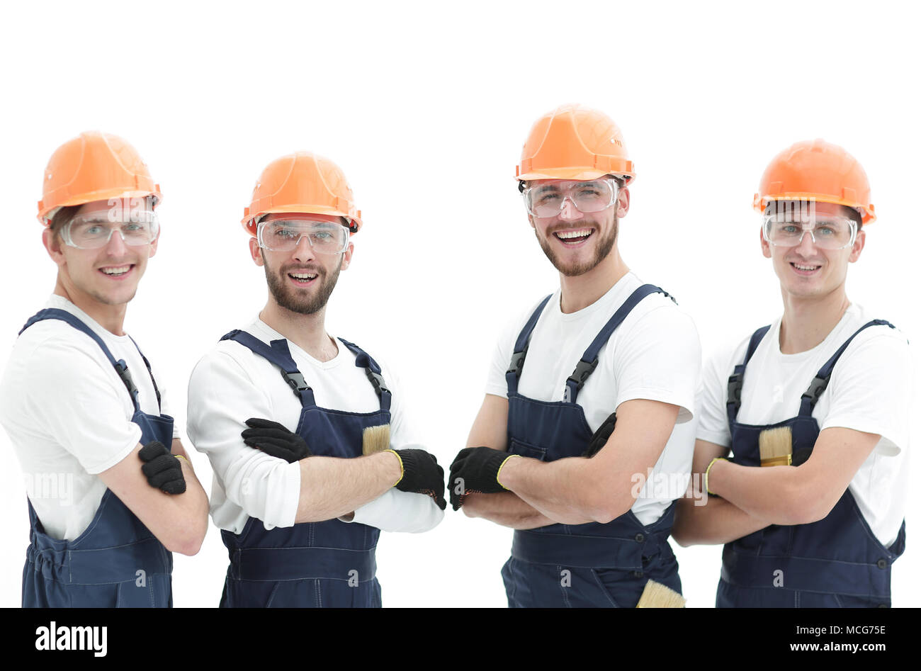 smiling team of construction workers Stock Photo - Alamy